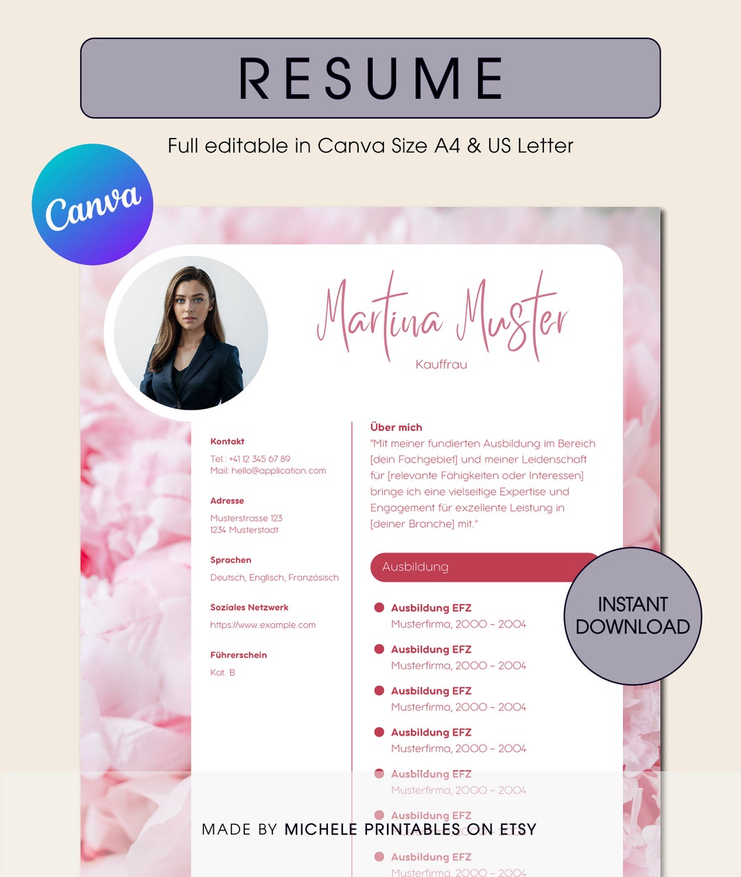 Application Template A4, CV Template A4, CV Template US Letter, CV With Photo, Canva Template ...