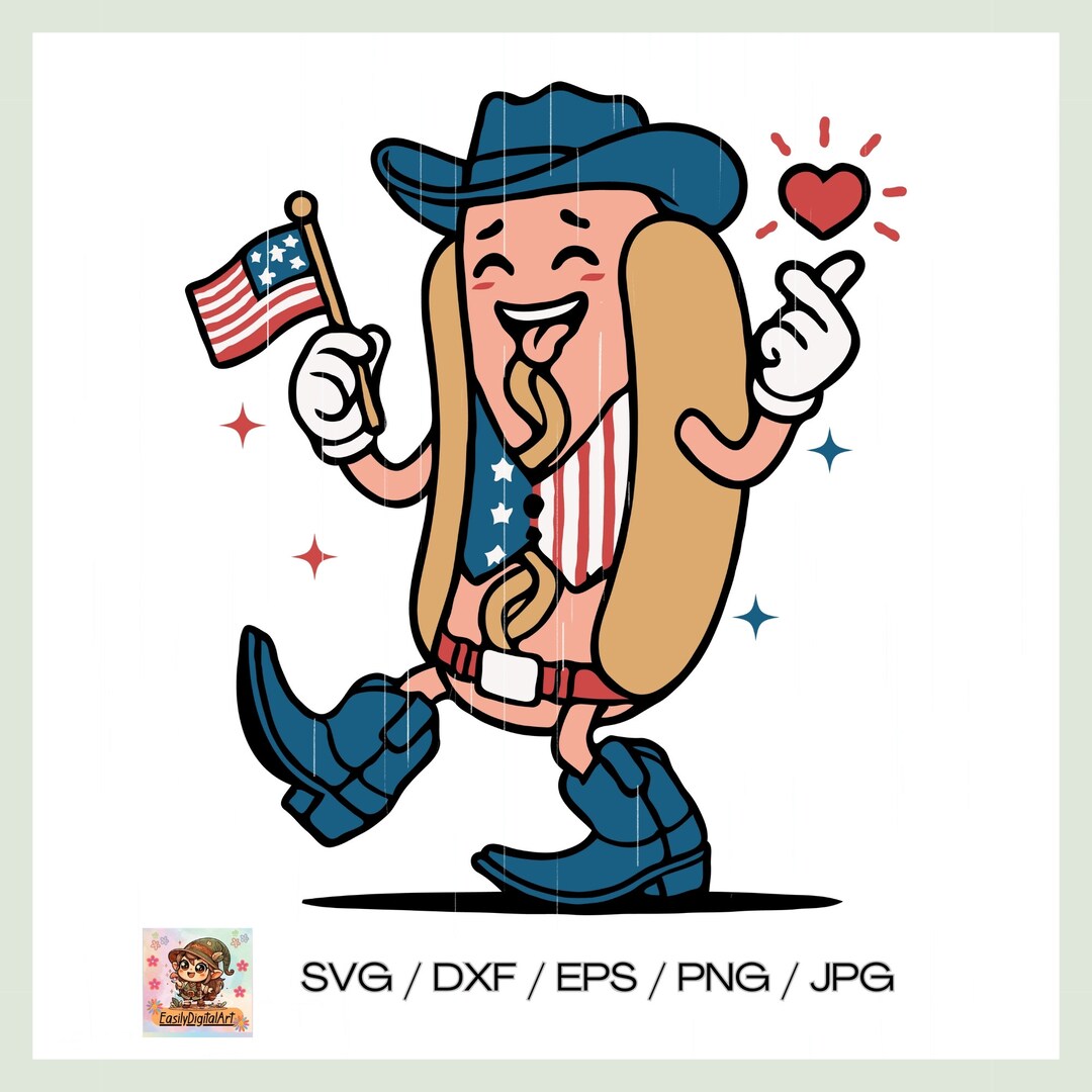 Patriotic Cowboy Hot Dog Cartoon Vintage 4th of July Digital Art Fun ...