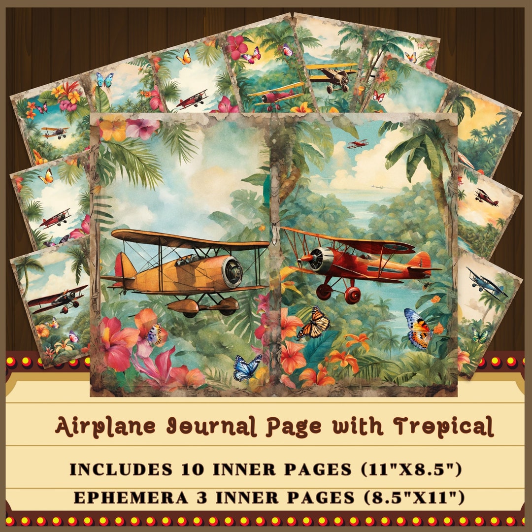 Vintage Airplane Journal Page With Tropical Design Printable Digital ...