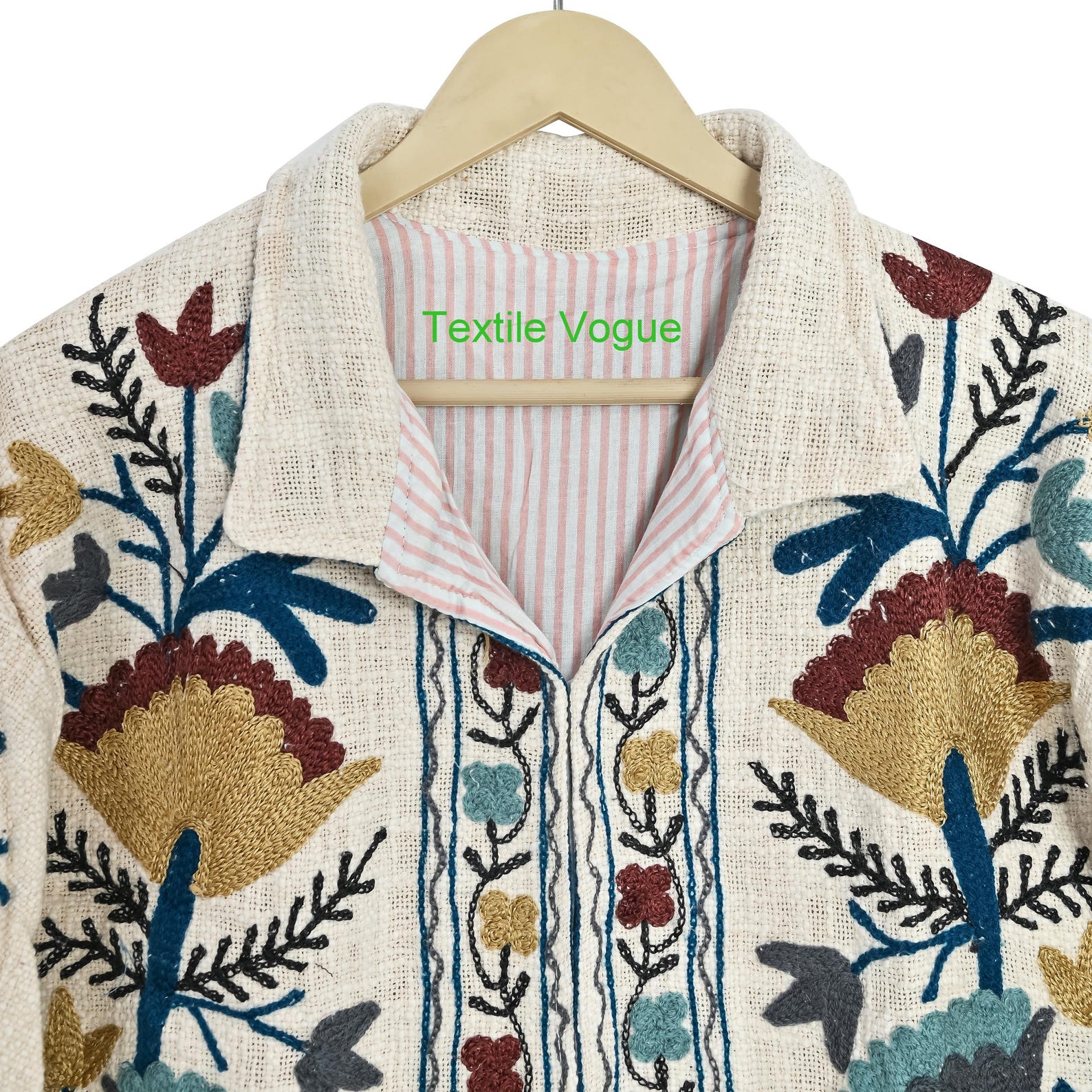 Ivory Floral Cotton Suzani Jacket, Hand Embroidered Boho Jacket for ...