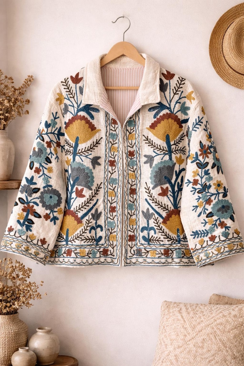 Hand Embroidered Boho Jacket for Women, Floral Cotton Artisan Jacket ...