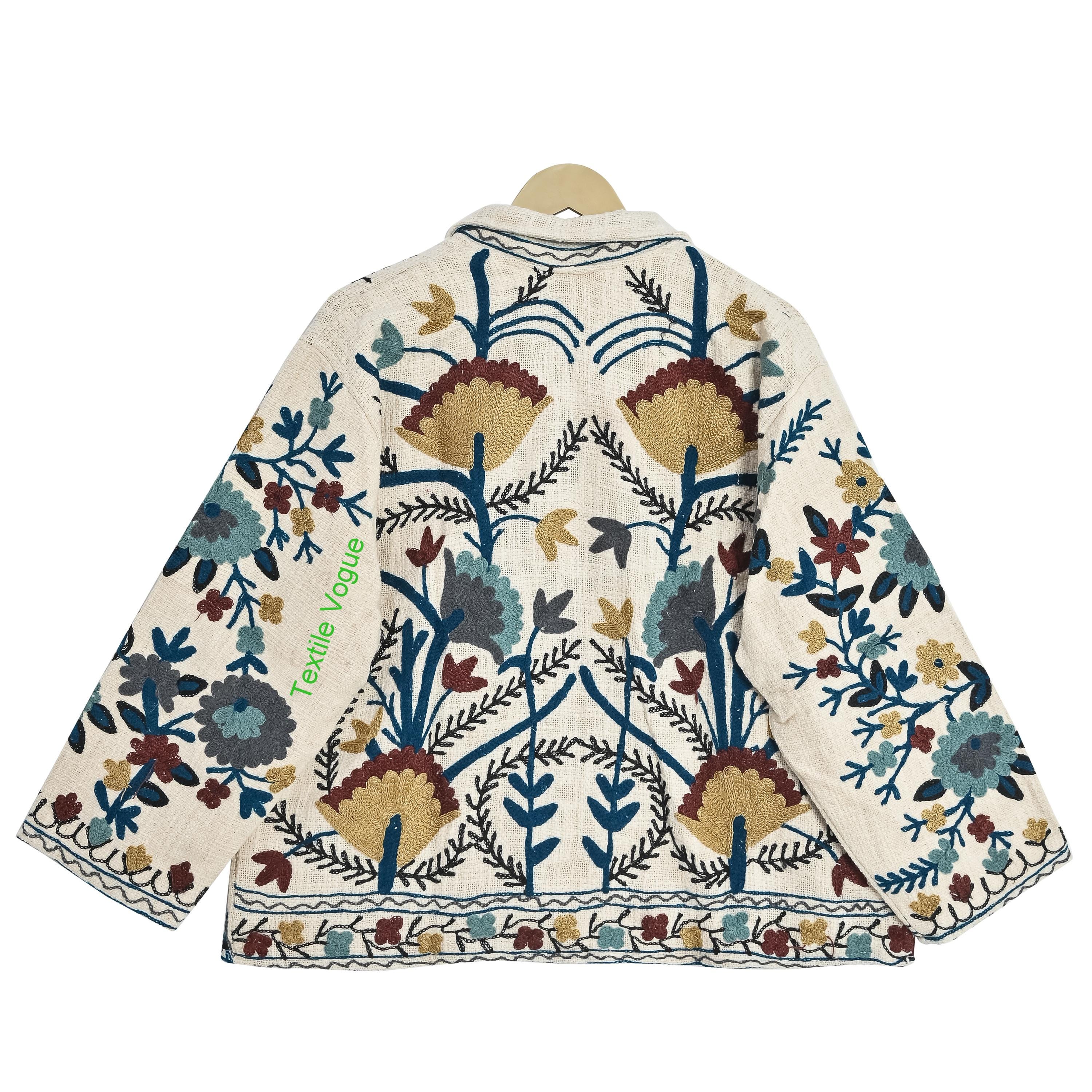 Ivory Floral Cotton Suzani Jacket, Hand Embroidered Boho Jacket for ...