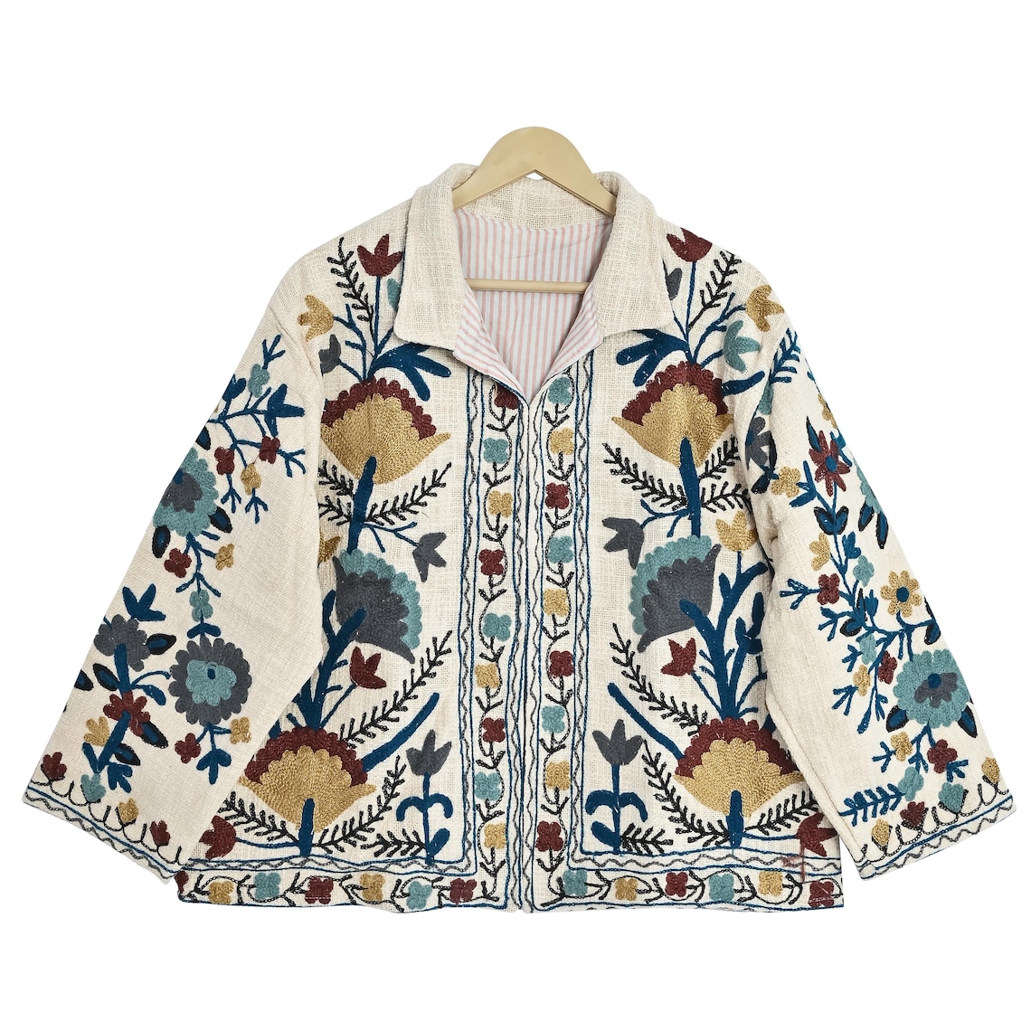 Ivory Floral Cotton Suzani Jacket, Hand Embroidered Boho Jacket for ...