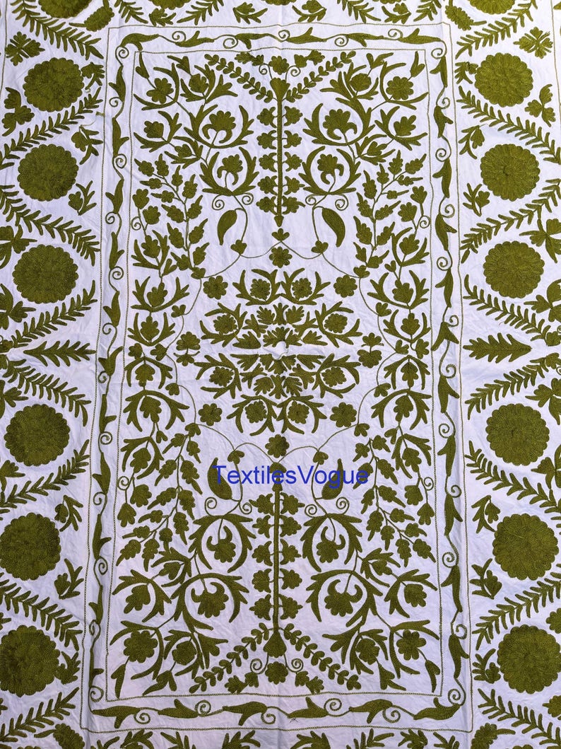 Olive Green Suzani Embroidery | Hand Embroidered Cotton Wall Hanging ...