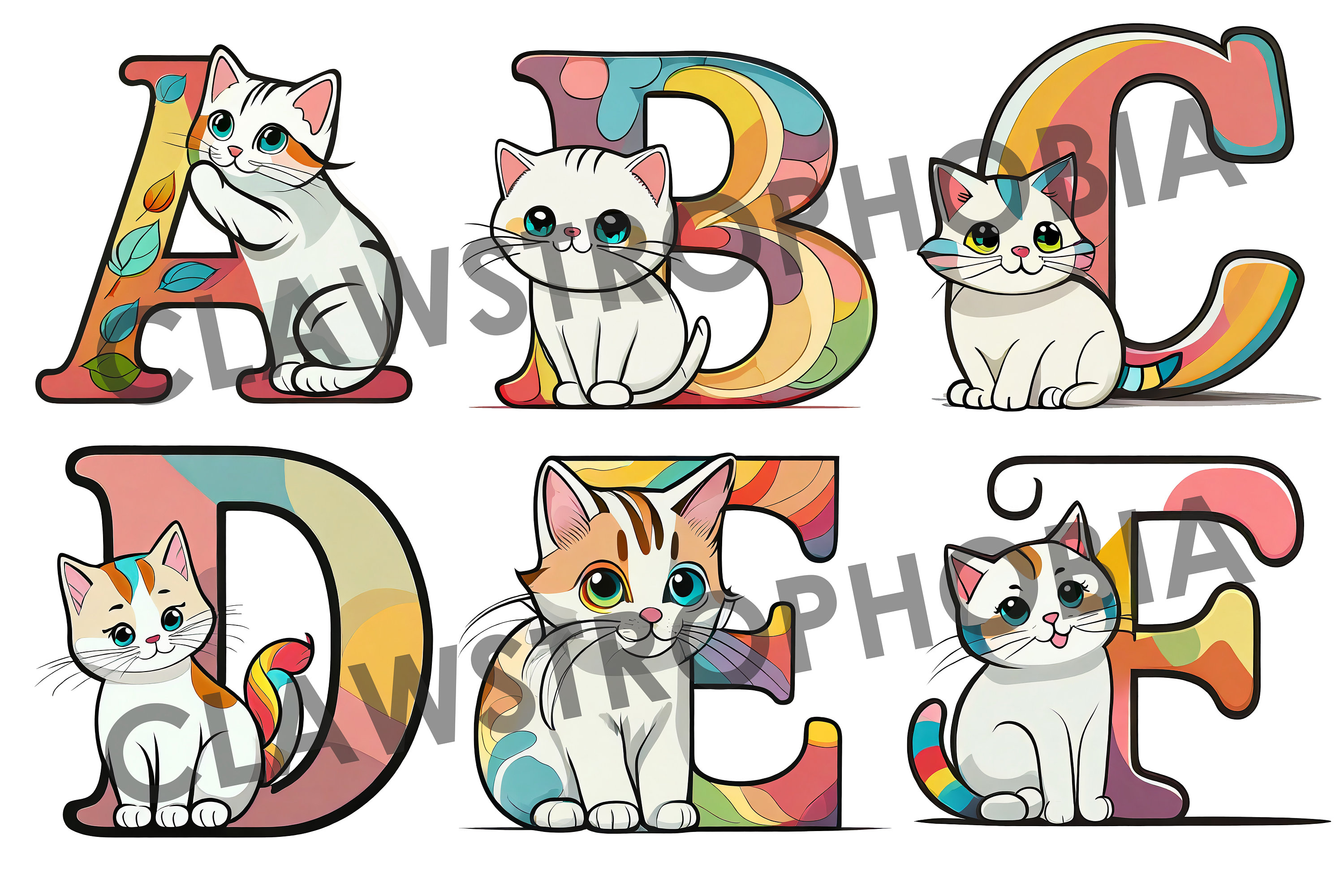 A-Z Cartoon Images of Cute Cats With Initial Letters - Digital Download ...