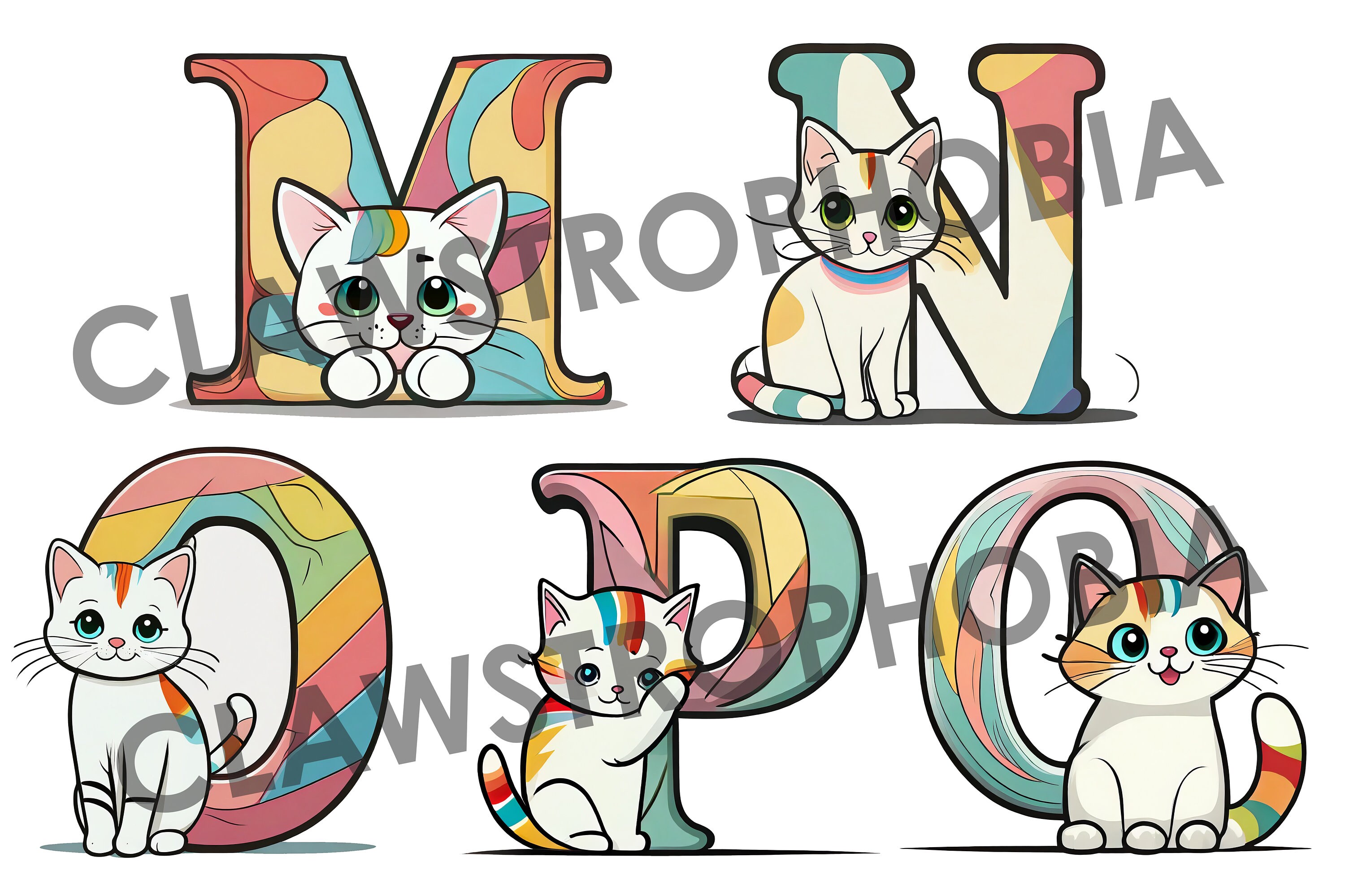 A-Z Cartoon Images of Cute Cats With Initial Letters - Digital Download ...
