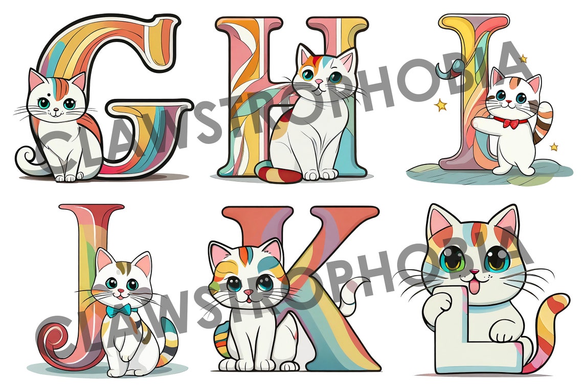 A-Z Cartoon Images of Cute Cats With Initial Letters - Digital Download ...