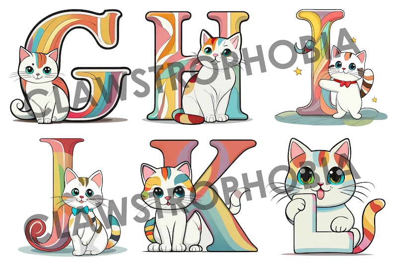 A-Z Cartoon Images of Cute Cats With Initial Letters - Digital Download ...