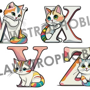 A-Z Cartoon Images of Cute Cats With Initial Letters - Digital Download ...