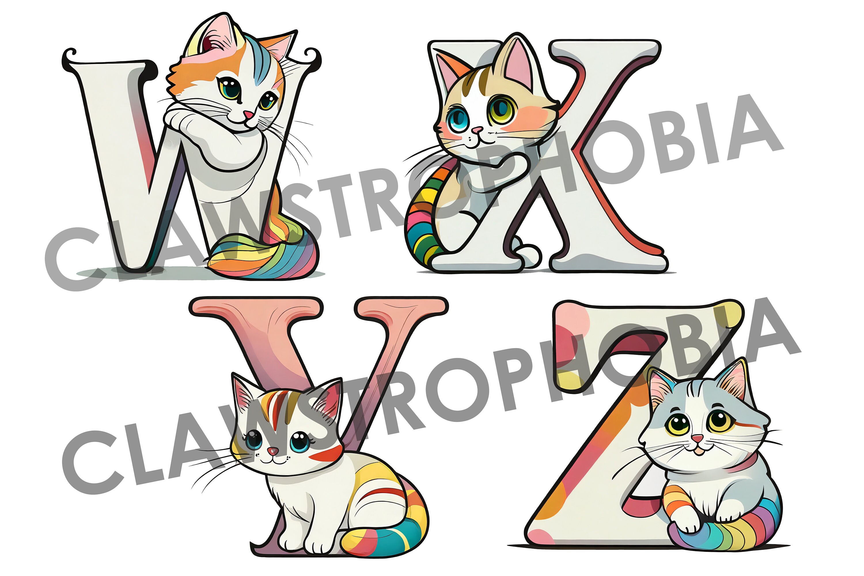 A-Z Cartoon Images of Cute Cats With Initial Letters - Digital Download ...
