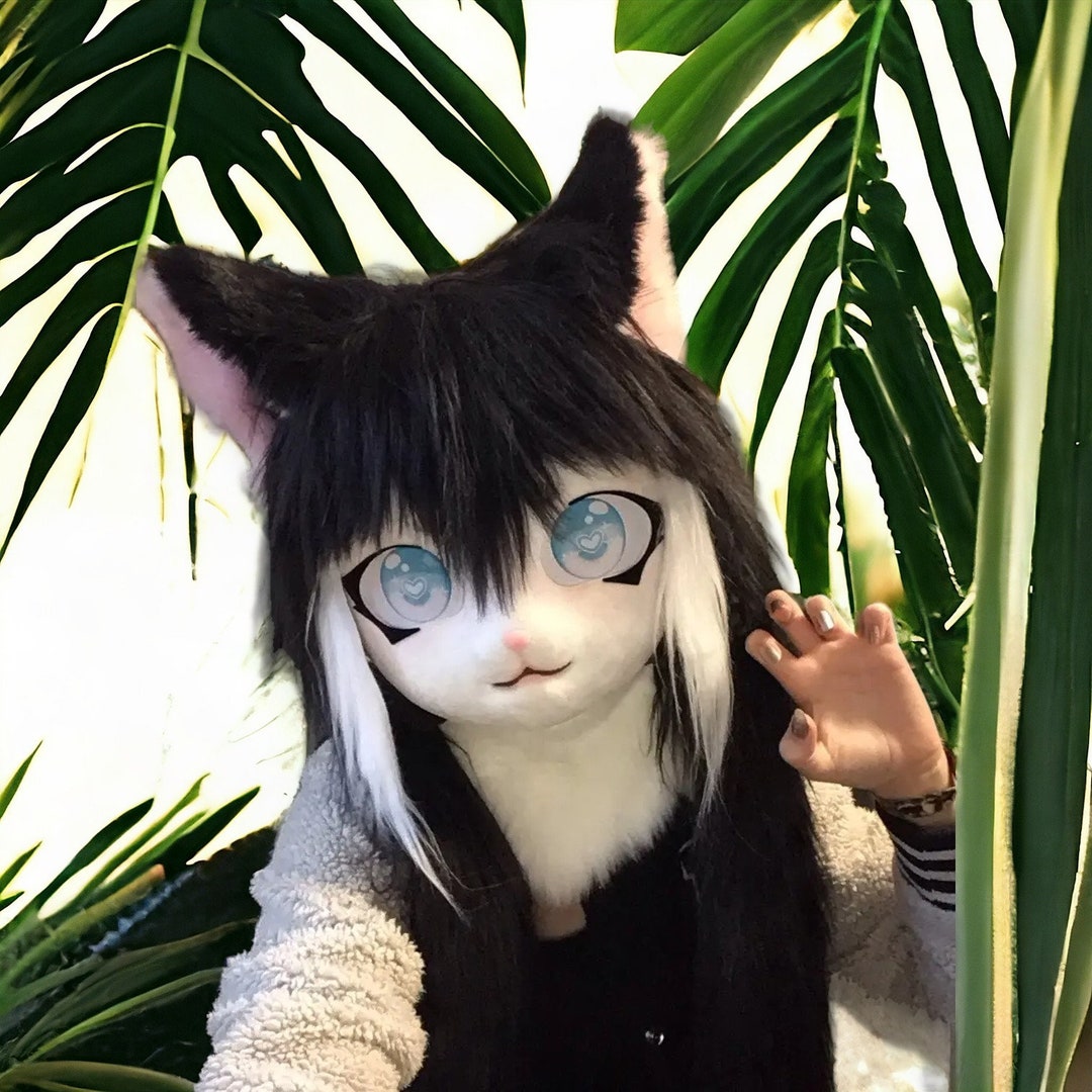 Black and White Hair Cute Cat Fursuit Fantasy Fursuit Fursuit Head Mask ...