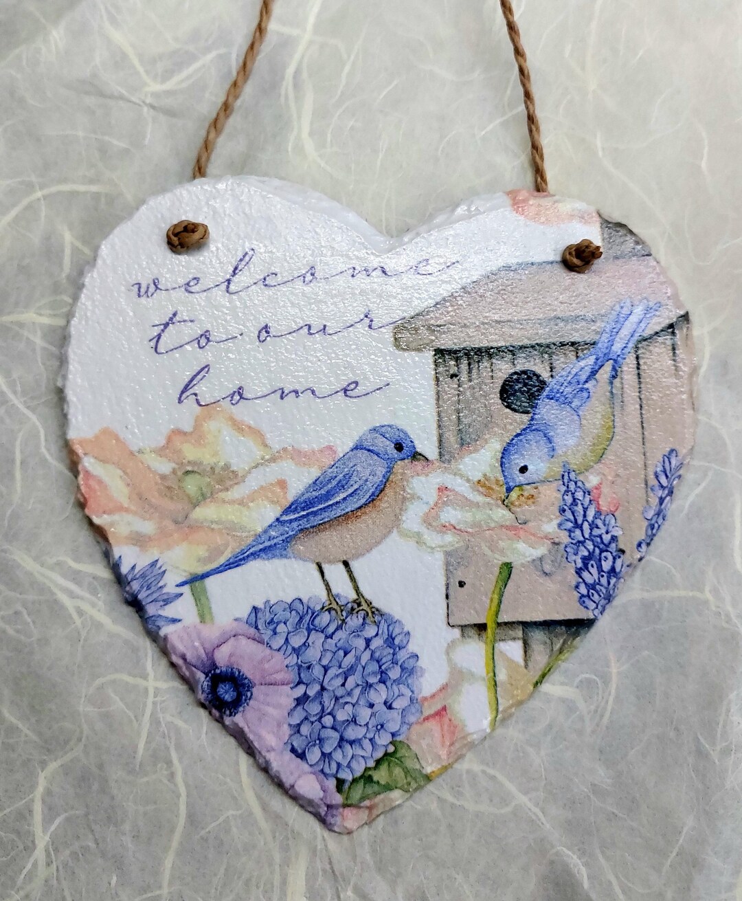 Birdhouse, Welcome Sign, Slate Heart Hanging Plaque, Home & Garden ...