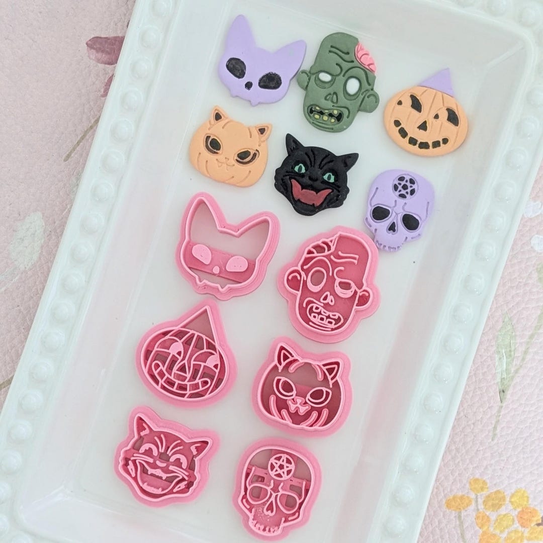 Halloween Heads Polymer Clay Cutters: Cat, Pumpkin, Zombie, Skull ...