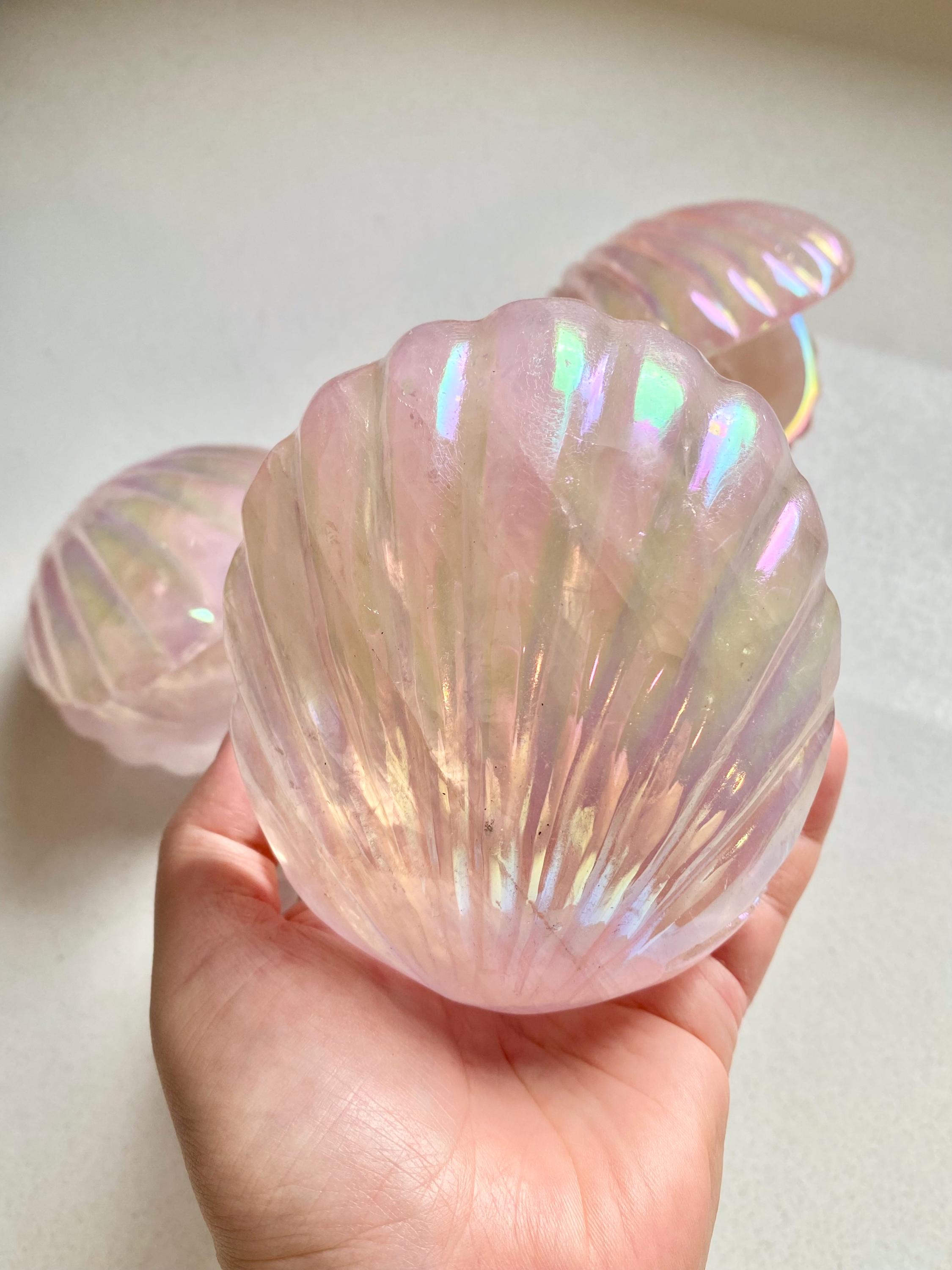 Aura Rose Quartz Clam Shell – Large Iridescent Pink Crystal Carving ...