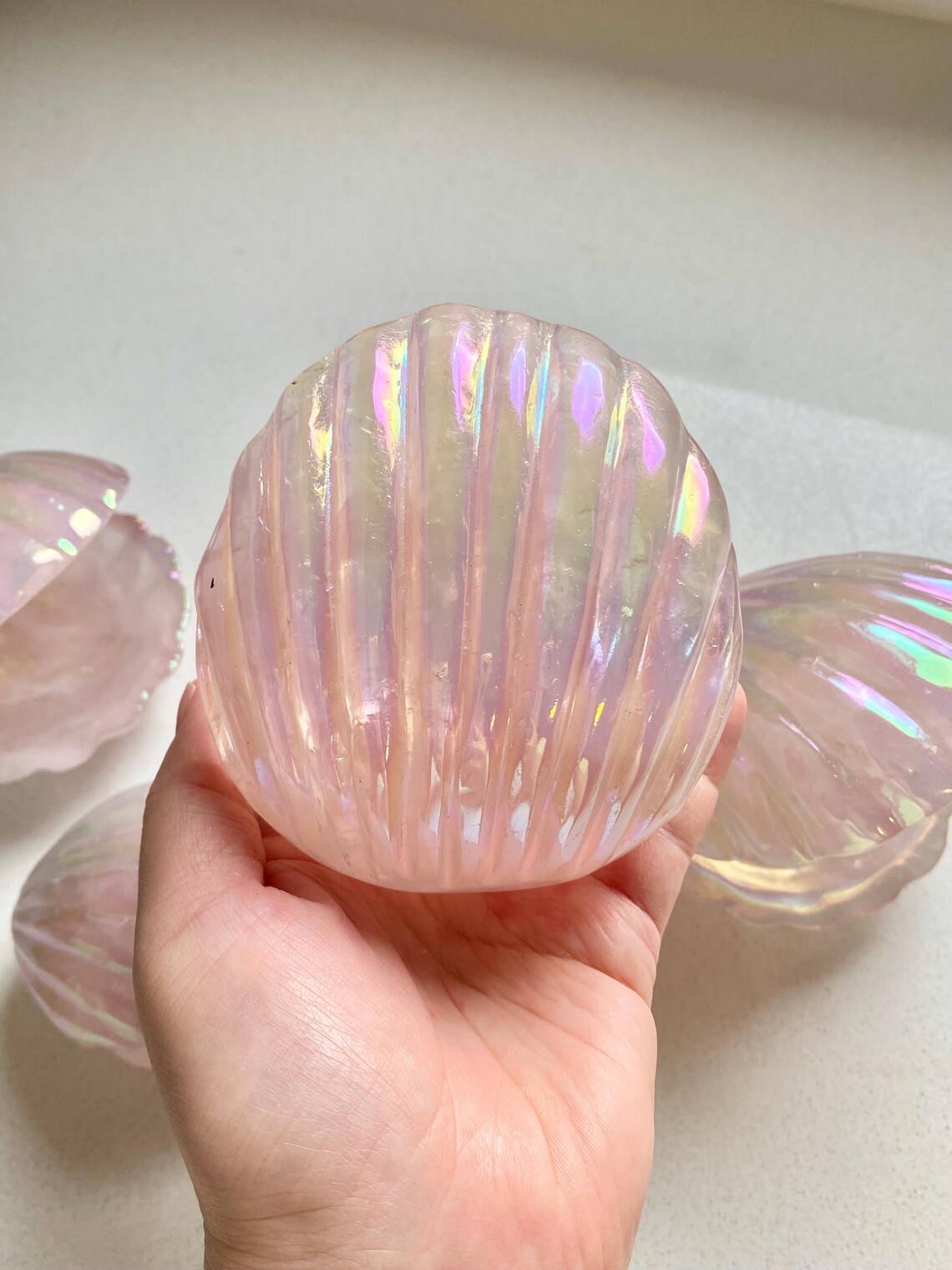 Aura Rose Quartz Clam Shell – Large Iridescent Pink Crystal Carving ...