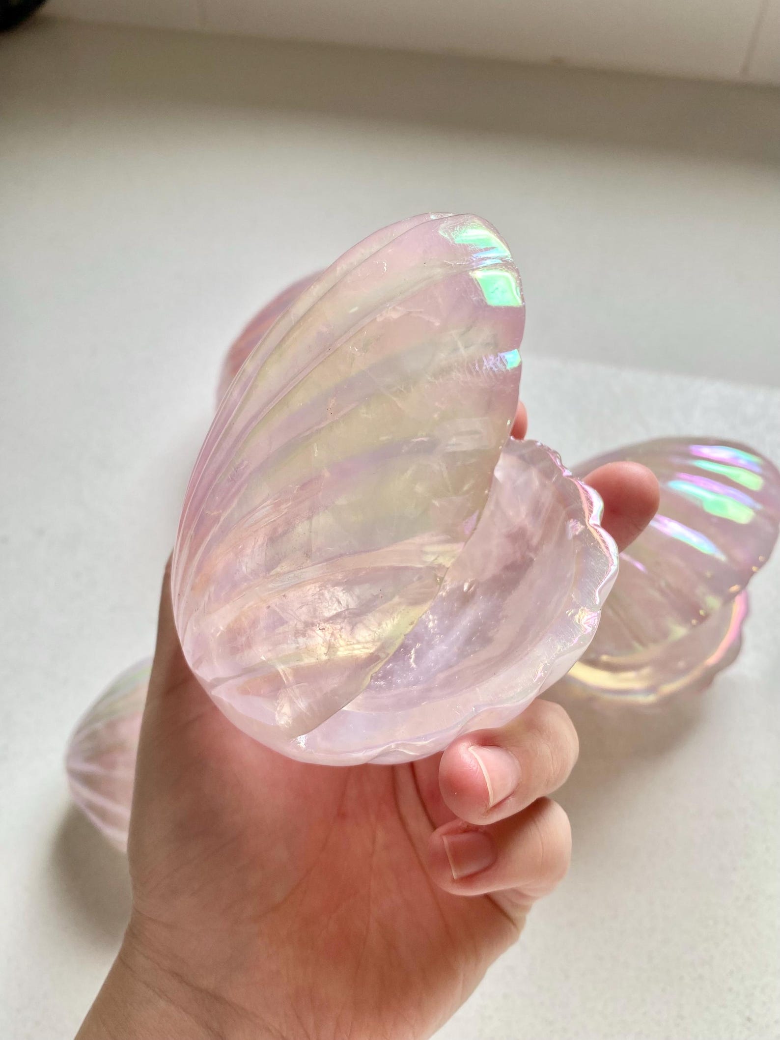 Aura Rose Quartz Clam Shell – Large Iridescent Pink Crystal Carving ...