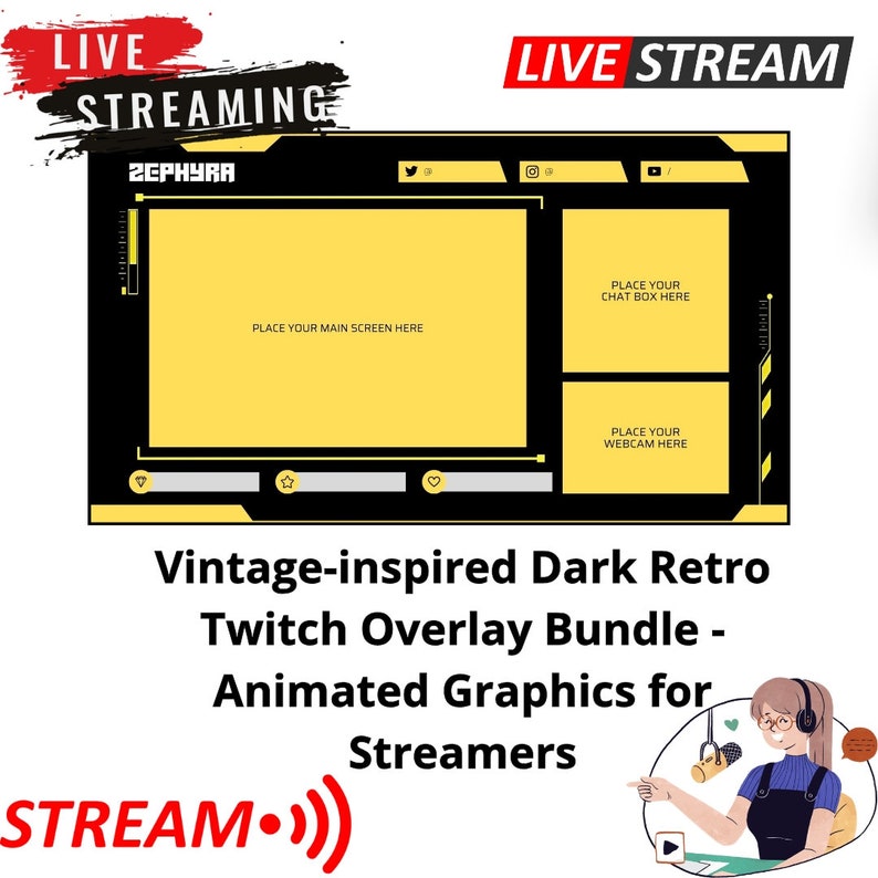 Vintage-inspired Dark Retro Twitch Overlay Bundle Animated Graphics for ...