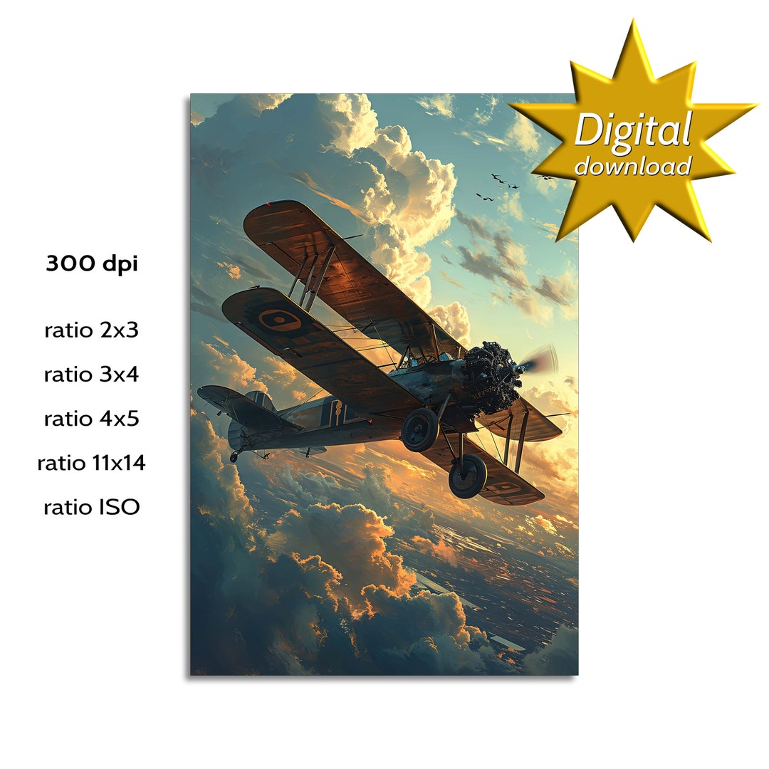 Aviation Poster Art: World War I Biplane Adventure Above Clouds at Dusk ...