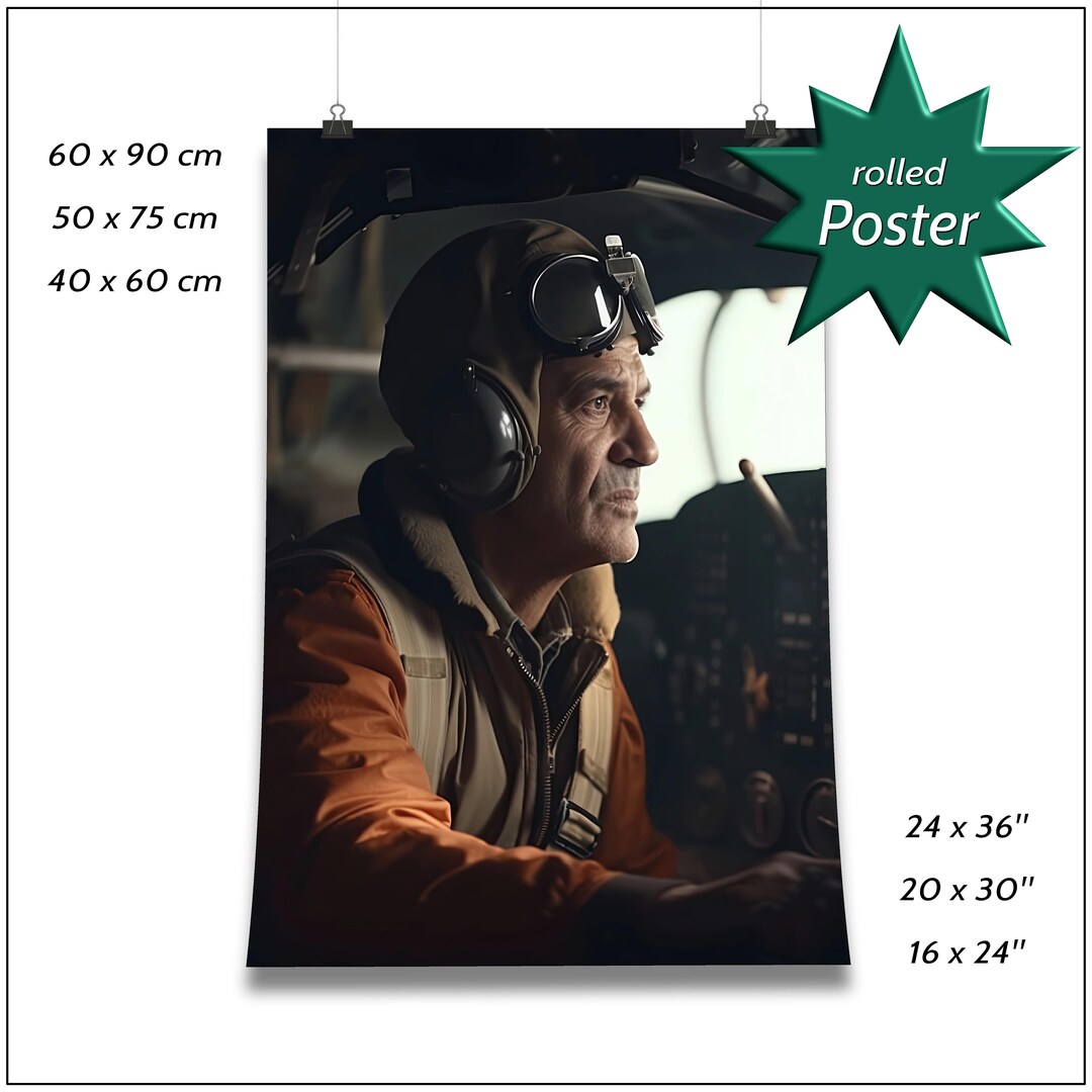 Aviation Poster Art: Intense WW2 Bomber Pilot Focus, Clad in Orange ...
