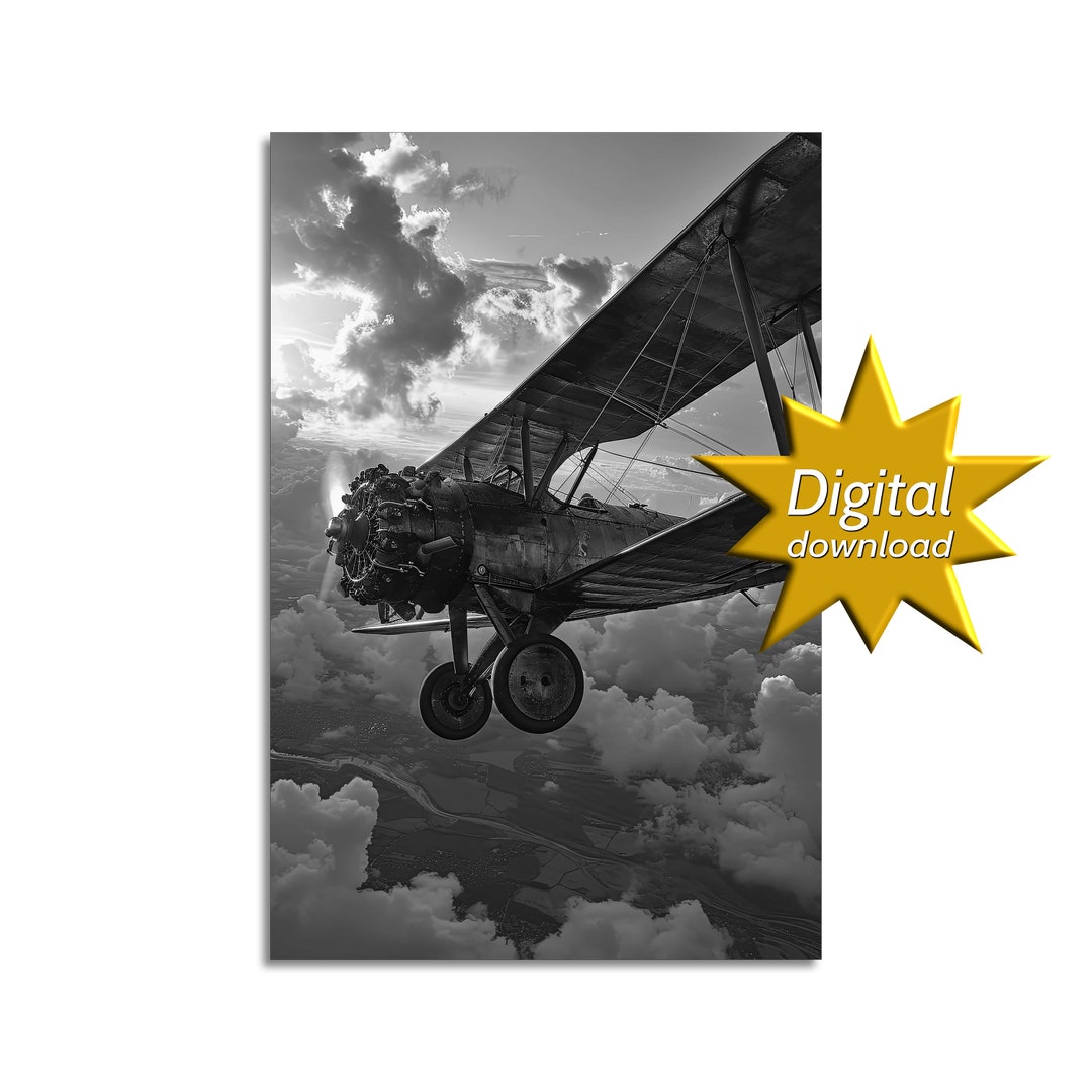 Aviation Digital Poster Artwork of a Vintage Biplane Soaring Through ...