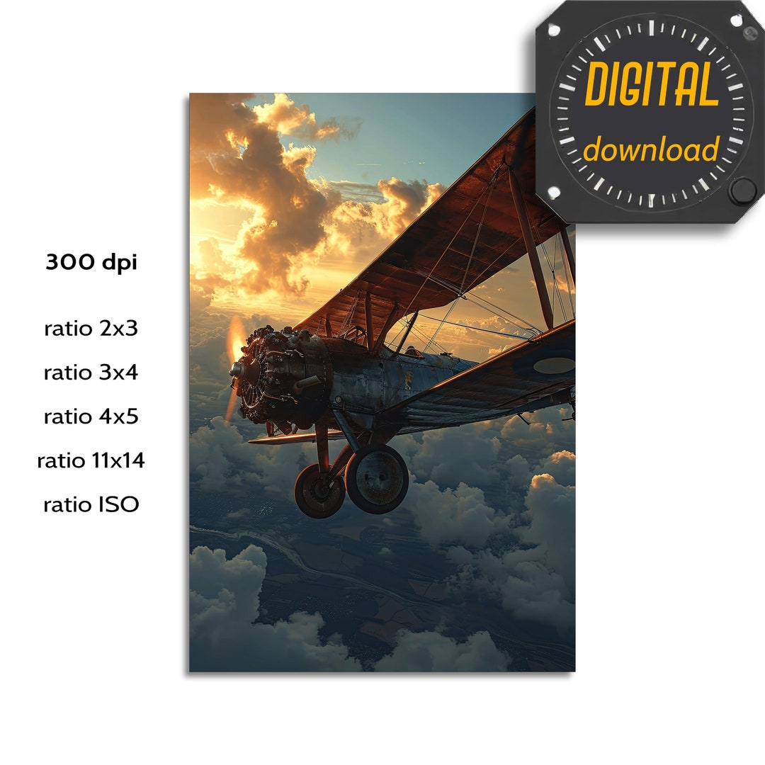 Aviation Poster Art: World War I Biplane Adventure Above Clouds at Dusk ...