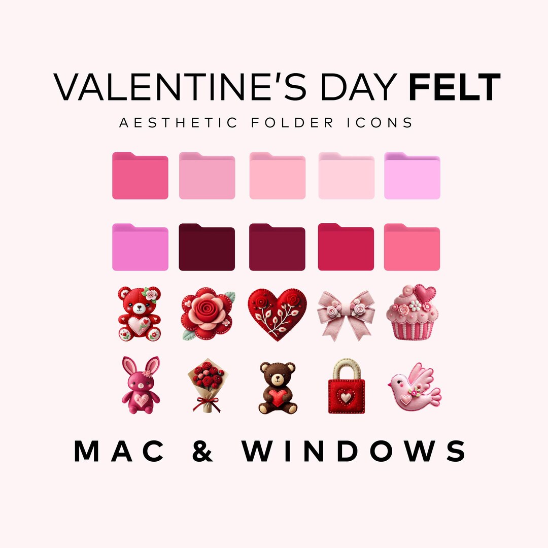 20 Desktop Folder Icons Pack, Felt Valentines Day Heart Pink Bright ...