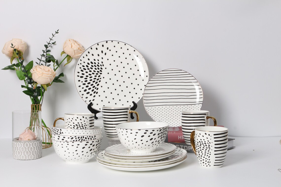 16 Pc / 32 Pc / 48 Pc Dinnerware Sets China Set Withe & Golden Rim ...