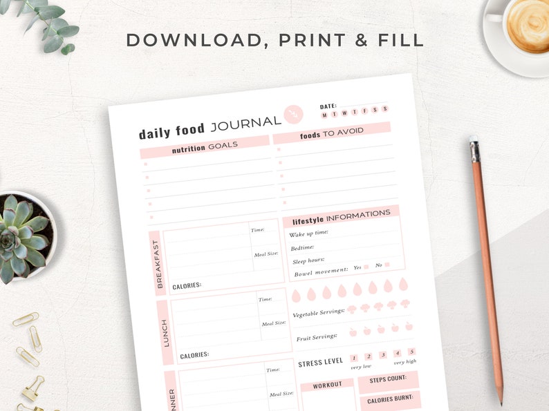 Daily Food Journal and Tracker | Weight Loss | Calorie and Symptoms ...