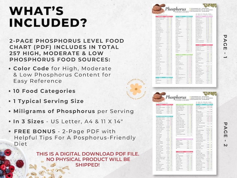 Phosphorus Level Food Chart (PDF), High Moderate Low Phosphorus Levels ...