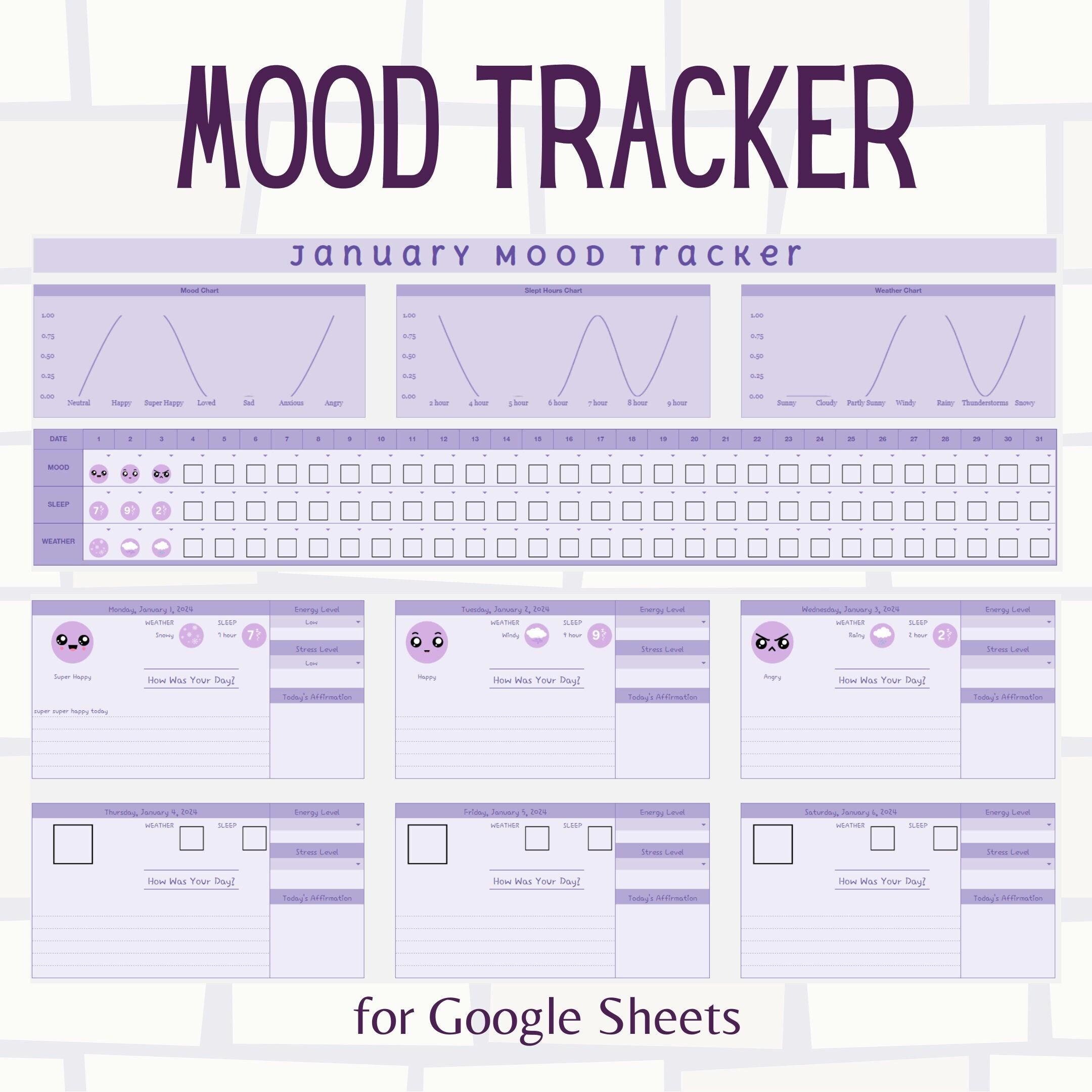 Mood Tracker Simple Series Spreadsheet Google Sheet Template - Etsy