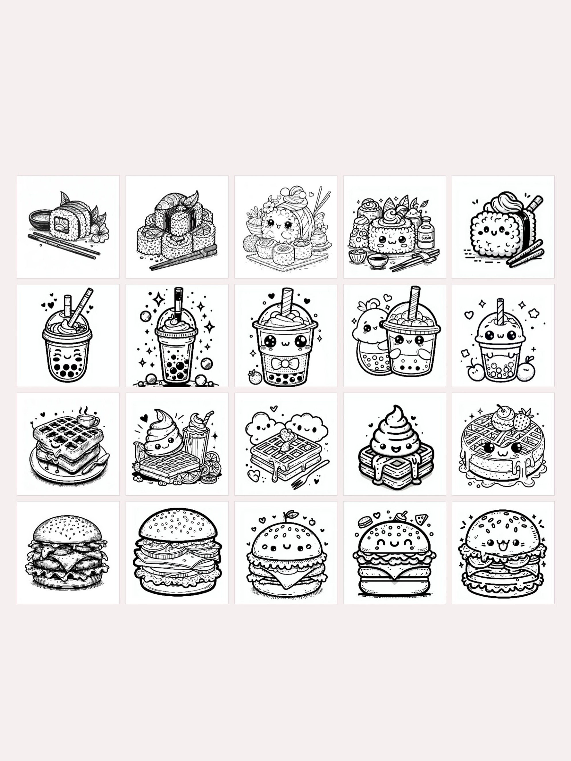 80 Cute Kawaii Food Coloring Pages for Kids and Adults - Etsy