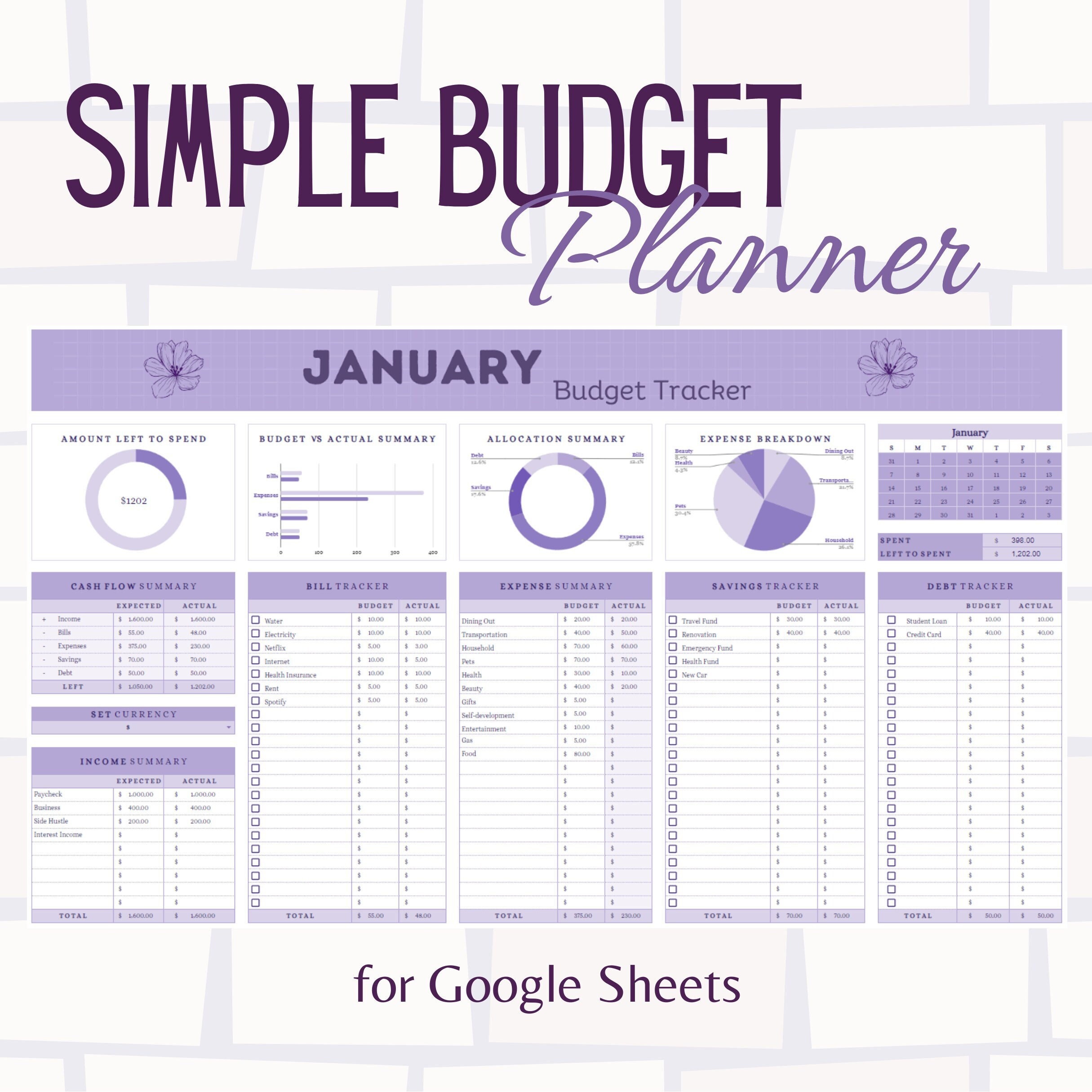Simple Budget Spreadsheet Google Sheet Template Budget Tracker Budget ...