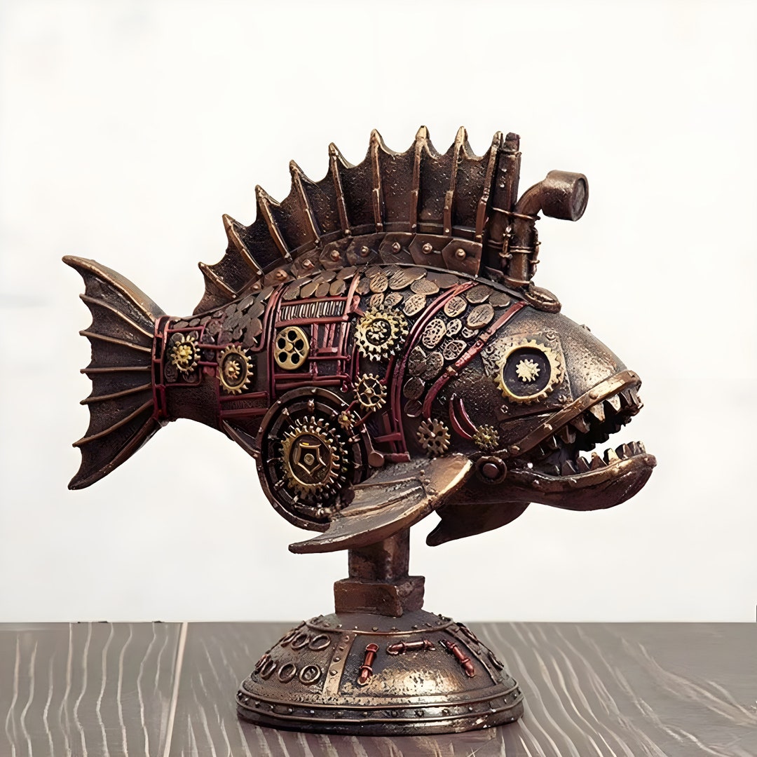 Steampunk Blackfish Statue Piranha Figurine, Black Whale Sculpture ...
