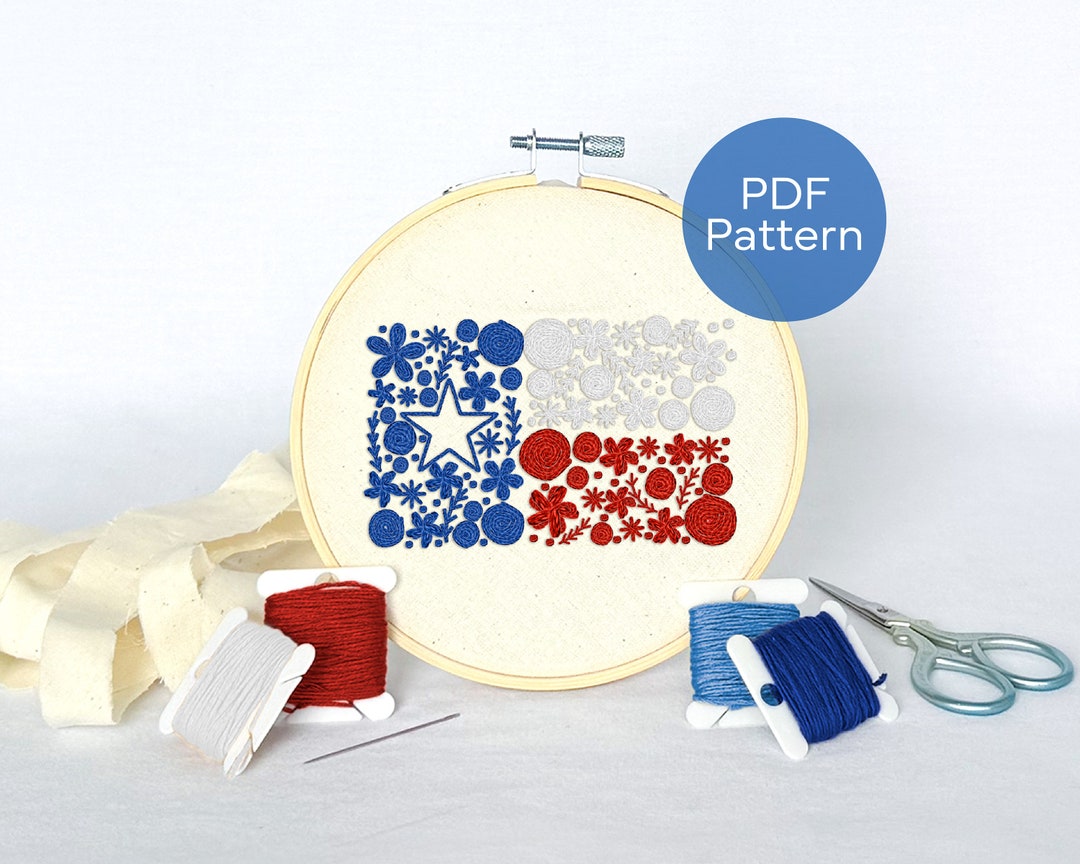 Floral Texas Flag PDF Embroidery Pattern | Beginner Hand Embroidery ...