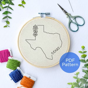 Texas State and Bluebonnet PDF Embroidery Pattern | Beginner Hand ...