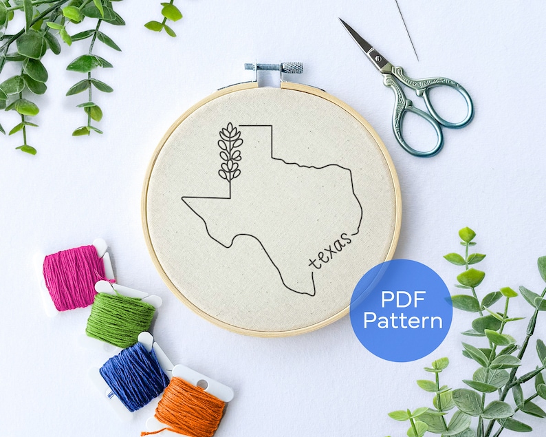 Texas State and Bluebonnet PDF Embroidery Pattern | Beginner Hand ...