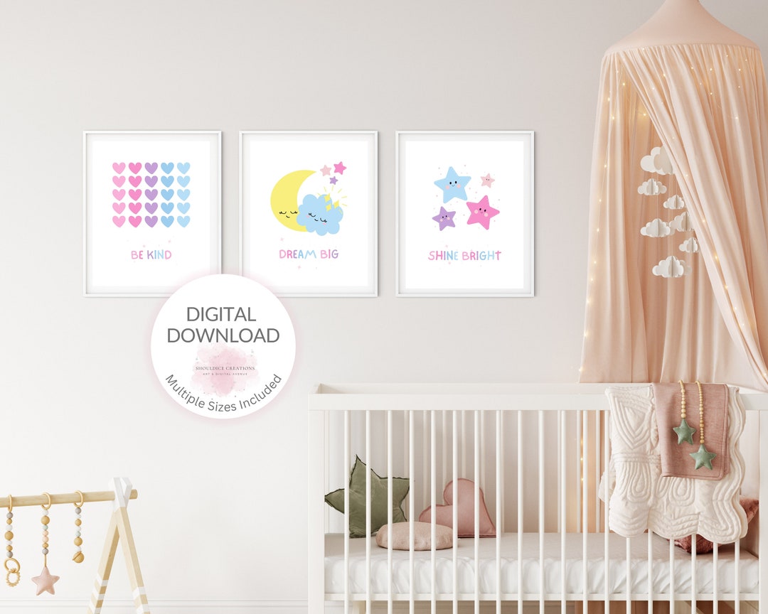 Dream Big, Be Kind, Shine Bright Printable Wall Art Hearts and Stars ...