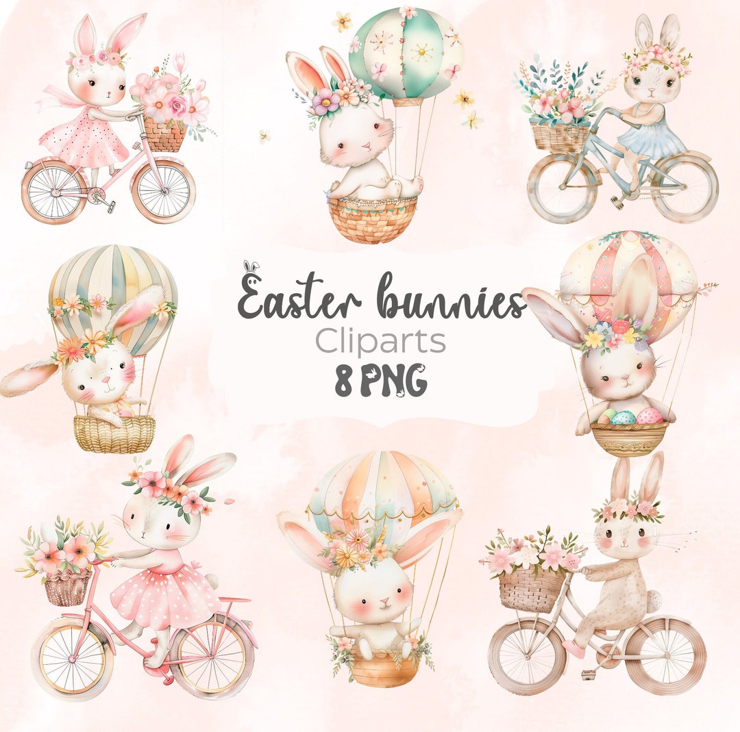 Easter Watercolor Bunnies Clipart & PNG Illustrations, Adorable Bunny ...