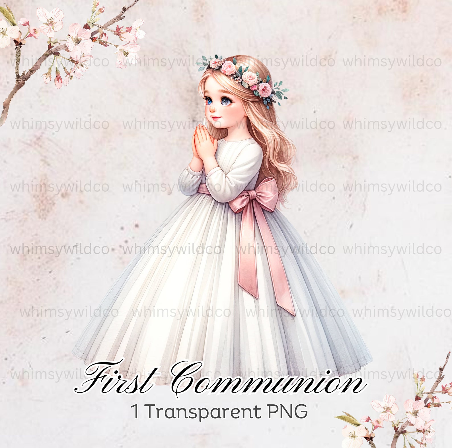 Elegant First Communion Girl Clipart With Flower Crown - Digital Art ...