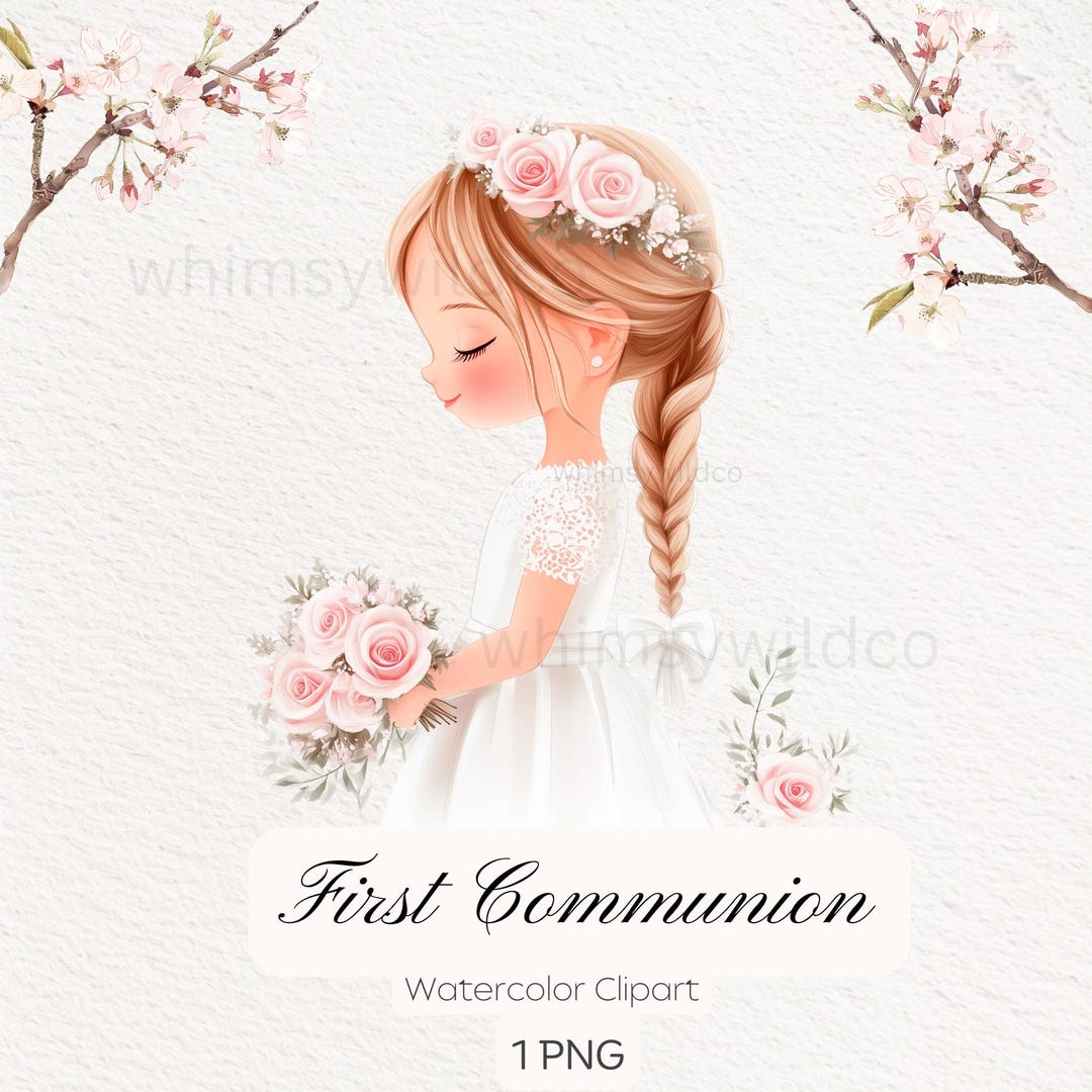 First Communion Girl Clipart With Pink Flower Crown, Ideal for ...
