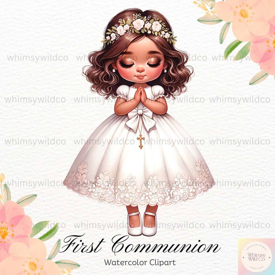 Elegant First Communion Girl Clipart With Flower Crown, Brown Hair ...