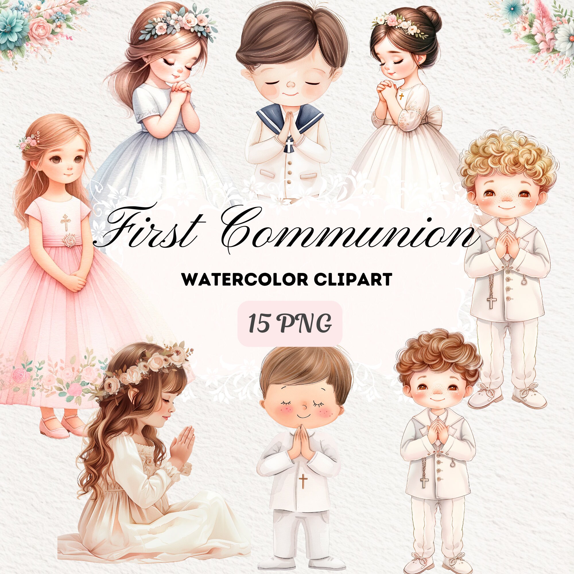 Elegant First Communion Clipart Set Praying Boys and Girls With Flower ...