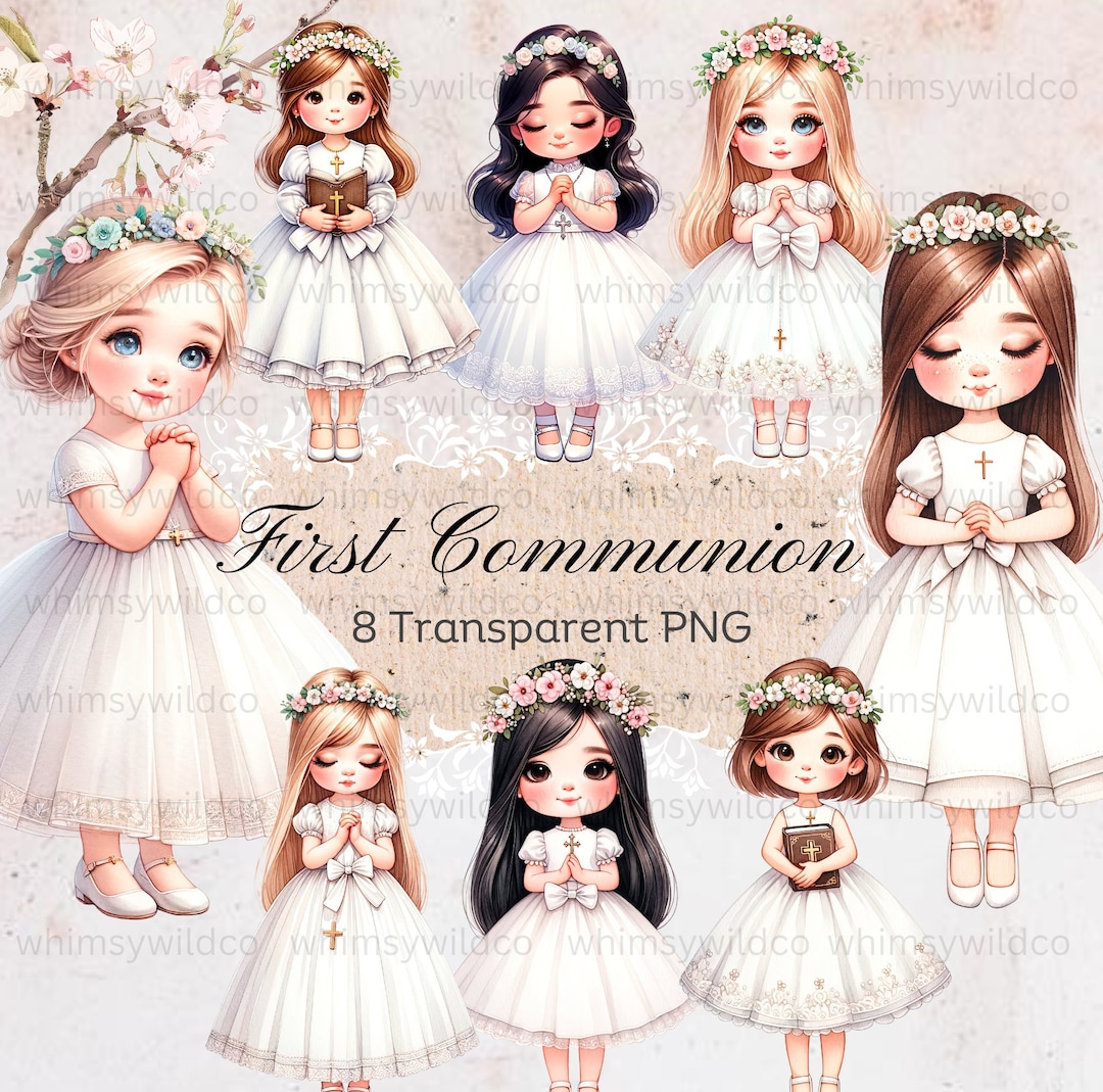 Elegant First Communion Girls Clipart Collection: Praying Girl Graphics ...