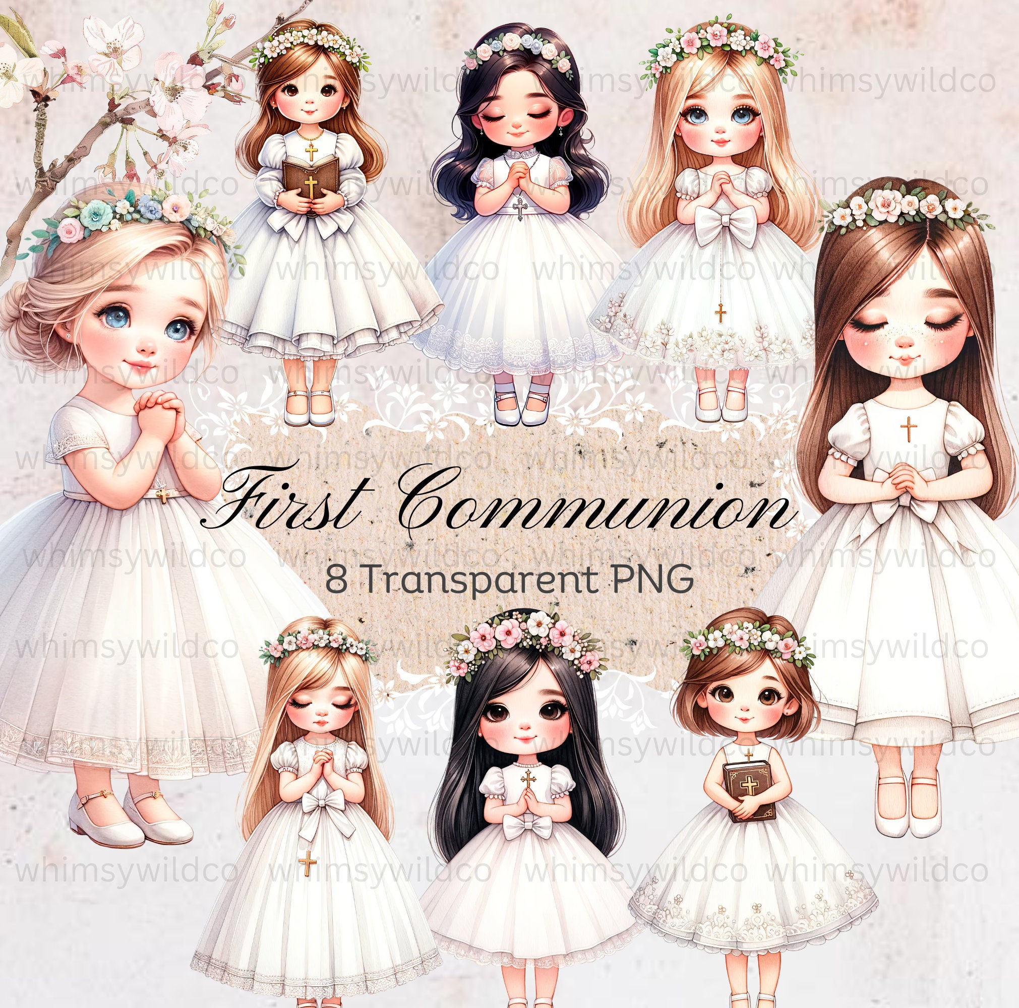 Elegant First Communion Girls Clipart Collection: Praying Girl Graphics ...