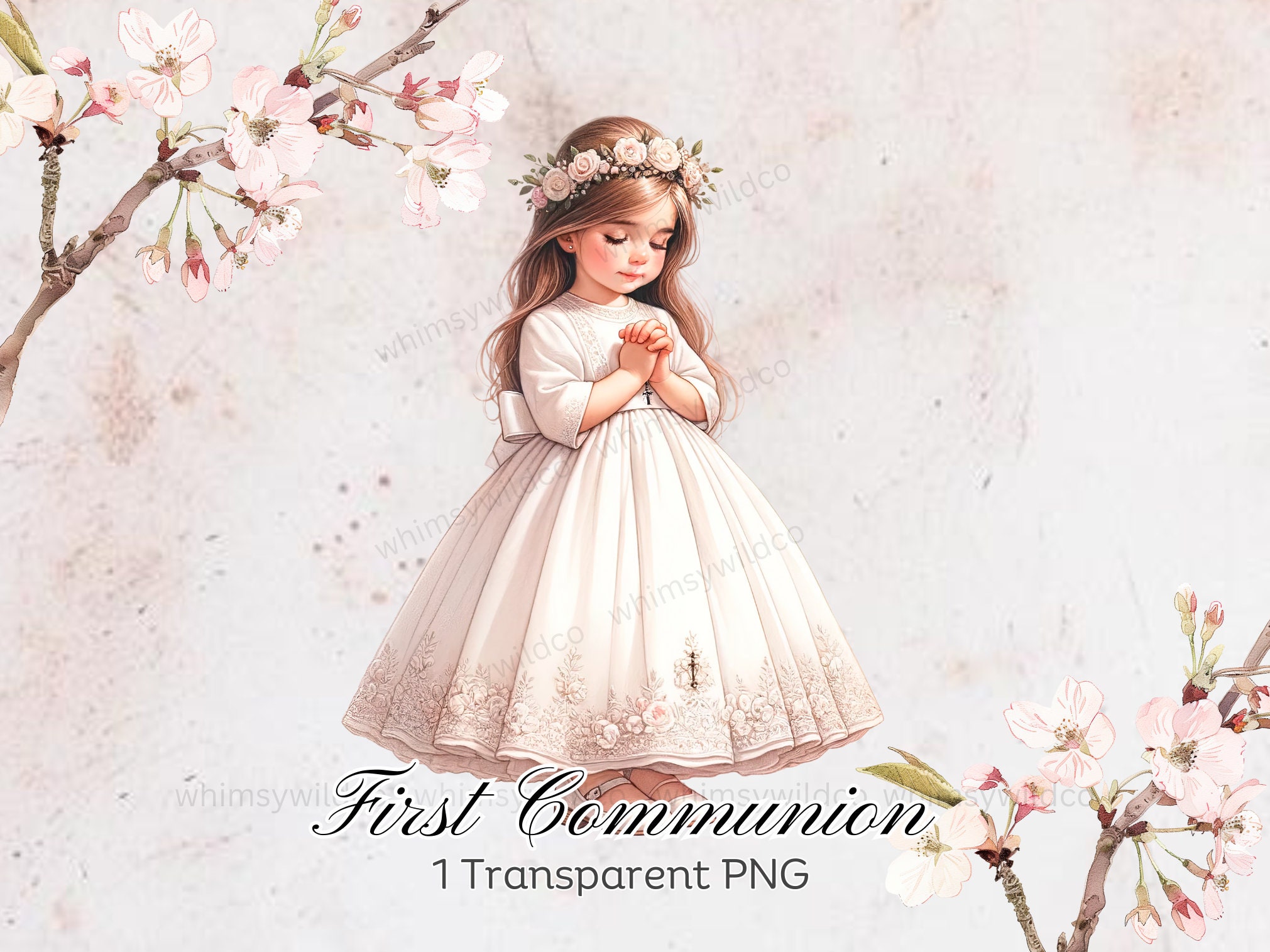 First Communion Girl Clipart With Flower Crown, Elegant Christian Clip ...