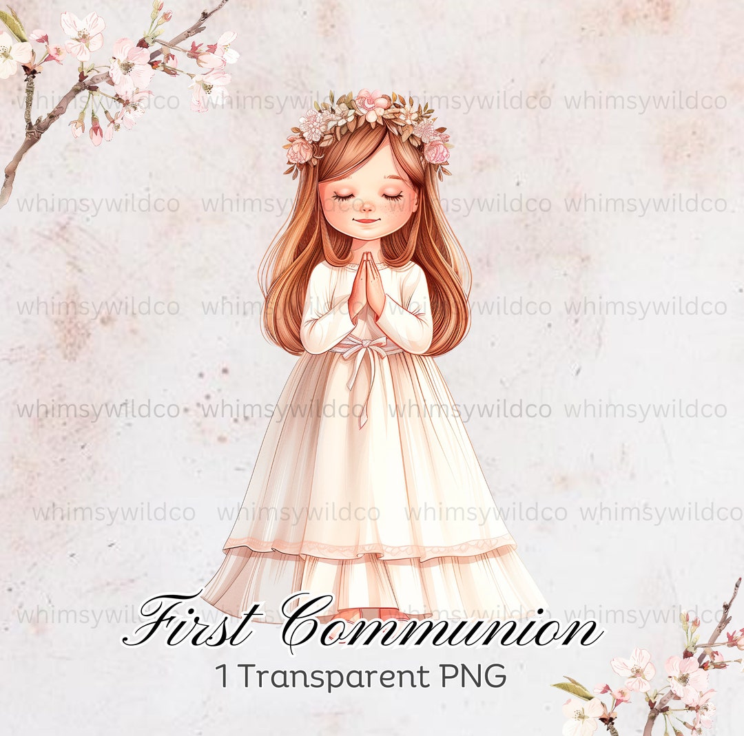 Elegant First Communion Girl Clipart in White Gown With Flower Crown ...
