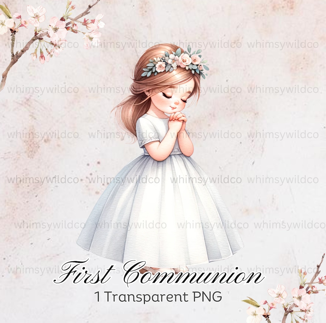 First Communion Girl Clipart With Flower Crown - Ideal for Invitations ...