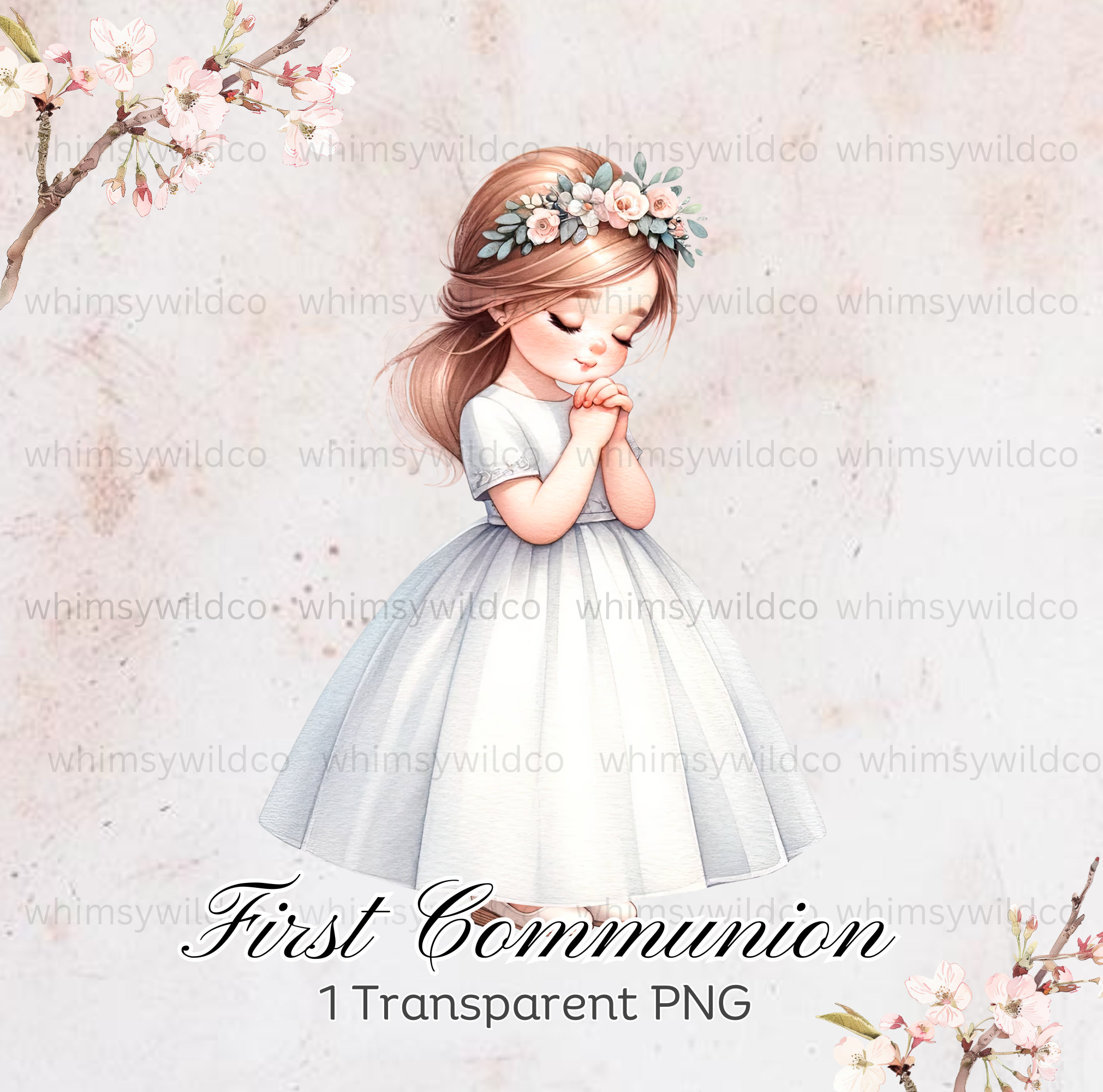 First Communion Girl Clipart With Flower Crown - Ideal for Invitations ...