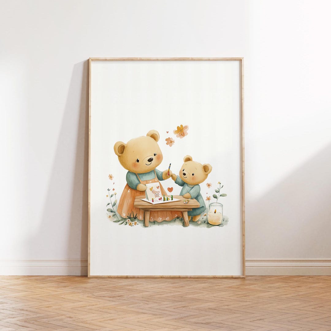 Mamá Osa E Hija Dibujando Ilustración Acuarela, Póster Imprimible, Arte ...