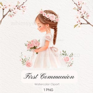 First Communion Girl Clipart With Flower Crown, Pastel Pink Printable ...